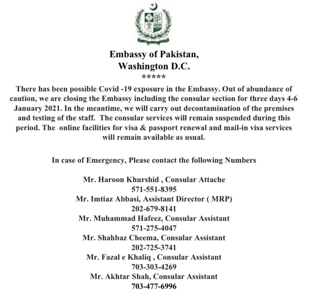 Pakistan embassy in Washington closed due to coronavirus exposure ...