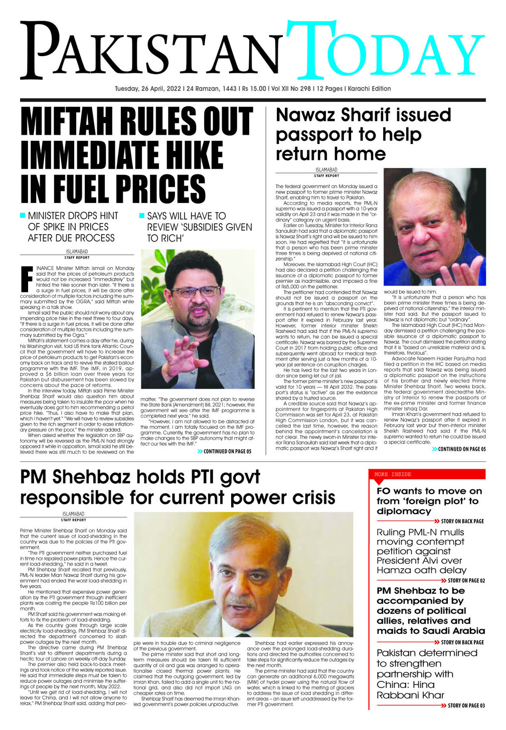 01 FRONT PAGE (26-4-2022)-KHI | Pakistan Today