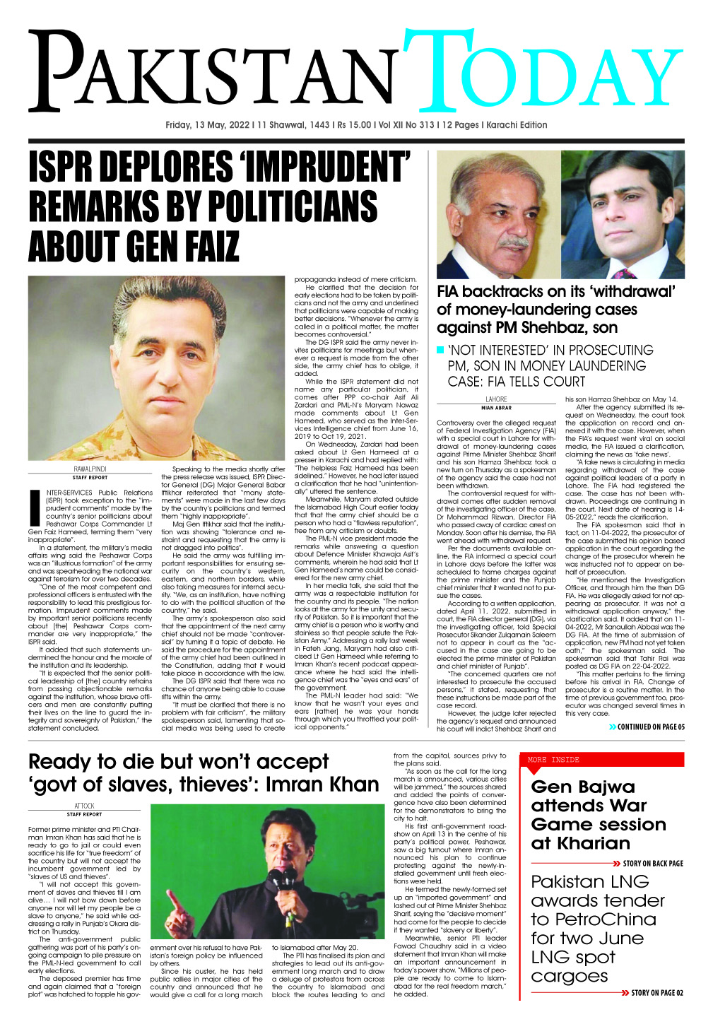 01 FRONT PAGE (13-5-2022)-KHI | Pakistan Today