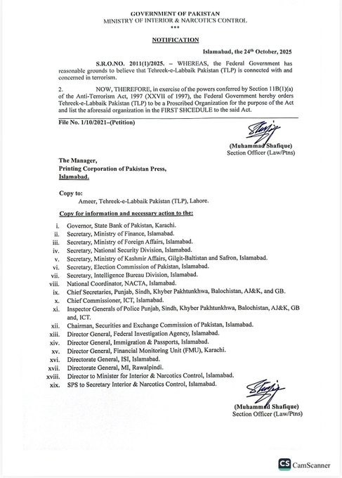 Interior ministry notifies ban on TLP following federal cabinet’s ...
